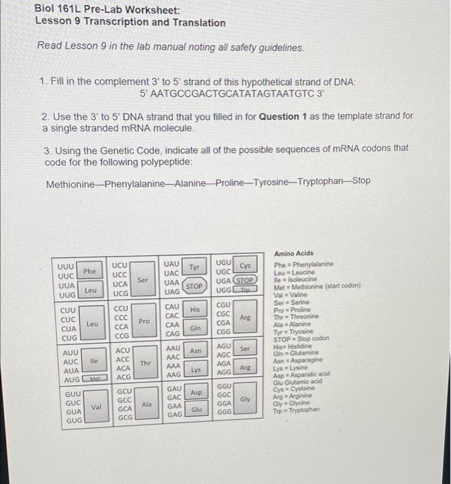 Solved Biol 161L Pre-Lab Worksheet: Lesson 9 Transcription | Chegg.com