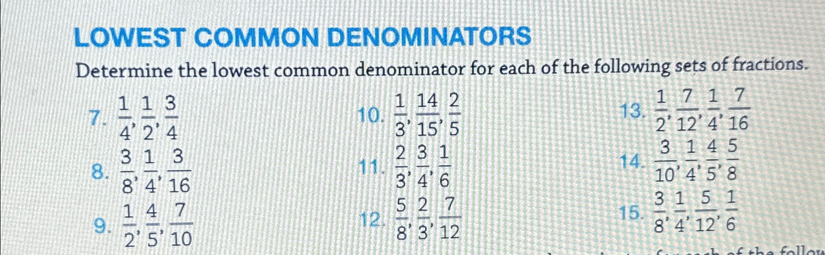 Solved LOWEST COMMON DENOMINATORSDetermine the lowest common | Chegg.com