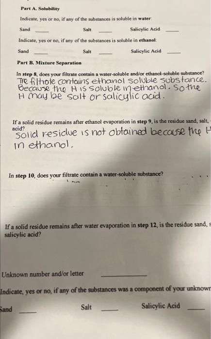 Solved Part A. Solubility Indicate, yes or no, if any of the | Chegg.com