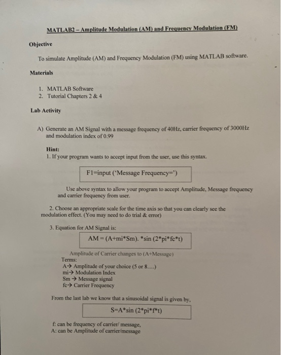 Solved MATLAB2- Amplitude Modulation (AM) and Frequency | Chegg.com