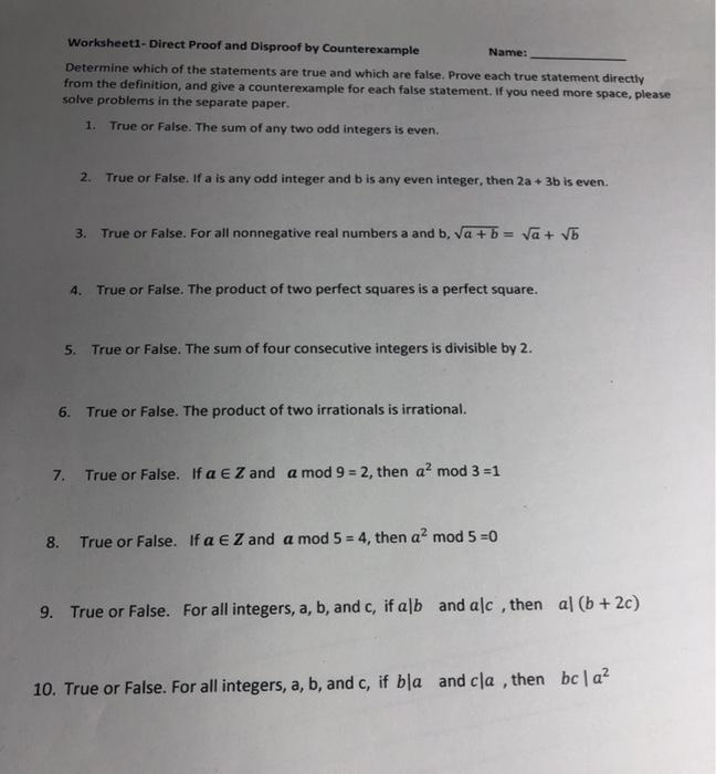 Solved Worksheet1- Direct Proof and Disproof by | Chegg.com