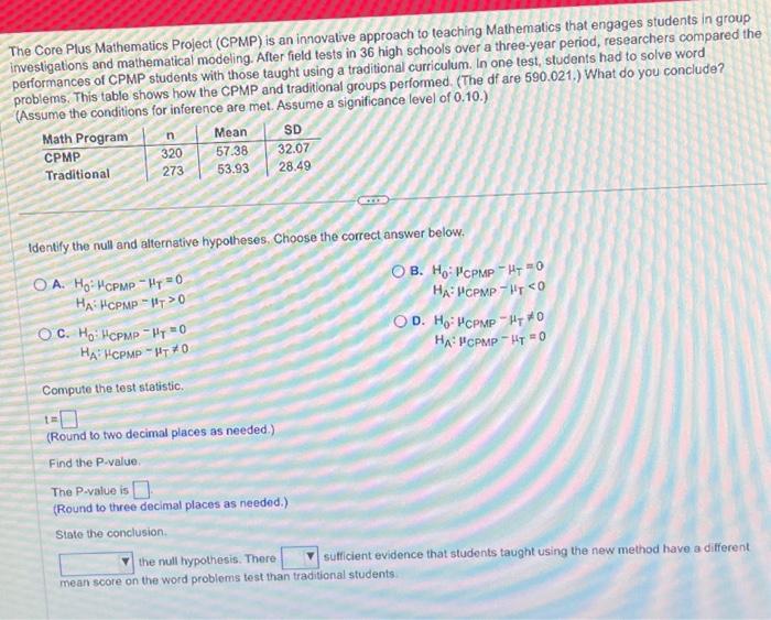 Solved The Core Plus Mathematics Project (CPMP) is an | Chegg.com