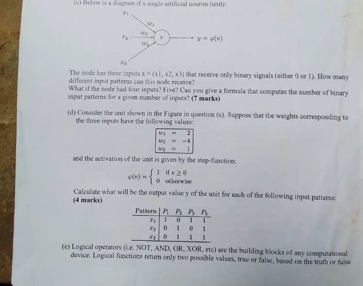 Solved (c) ﻿Below is a diagram if a single artificial neuron | Chegg.com