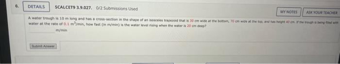 Solved water ot the rate of 0.1 m3/min, how fast (in m/min) | Chegg.com