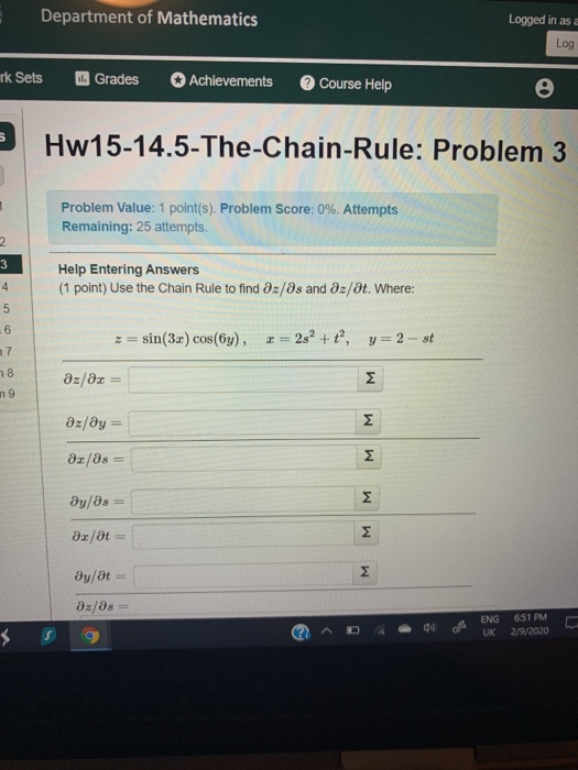 Solved Department of Mathematics Logged in as a Log ick Sets | Chegg.com