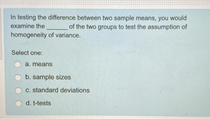Solved In testing the difference between two sample means, | Chegg.com