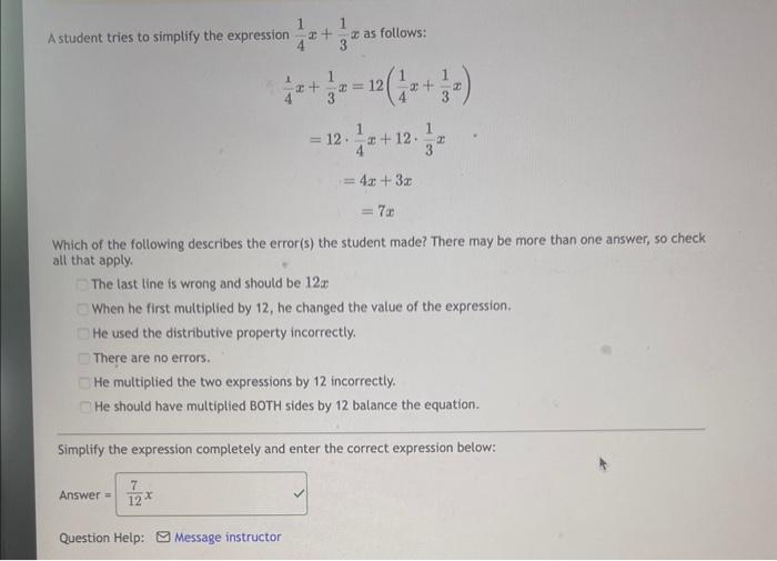 Solved A student tries to simplify the expression 41x+31x as | Chegg.com