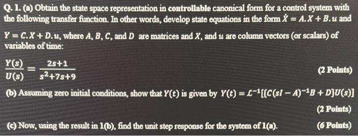 Solved Q 1 A Obtain The State Space Representation In