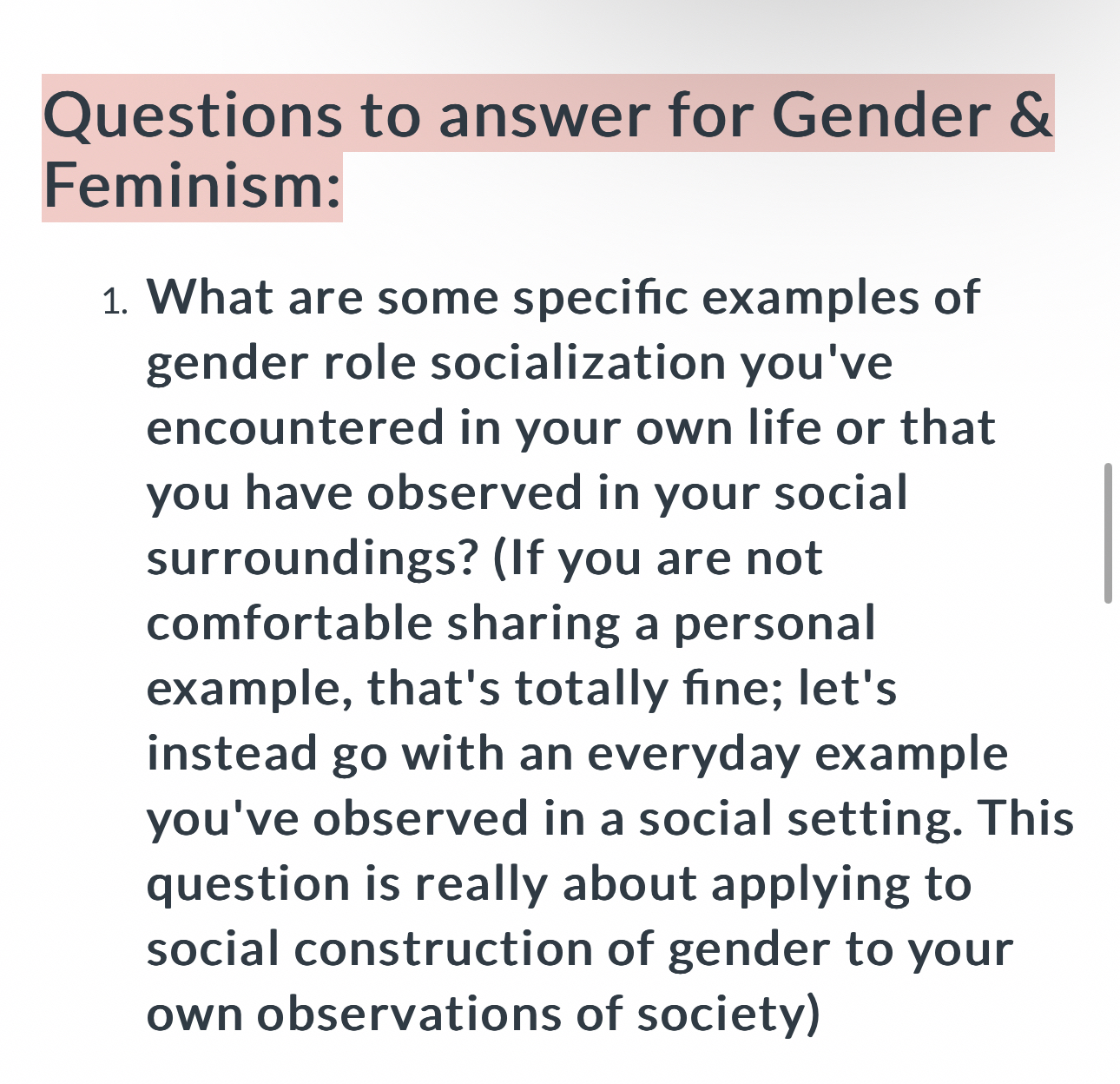 [Solved]: Questions to answer for Gender & Feminism: Wha