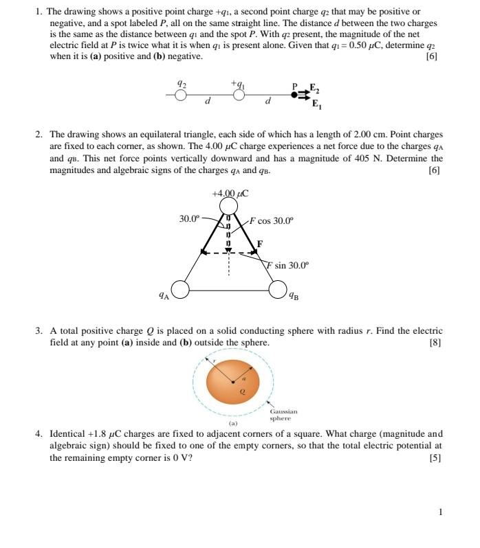 Solved 1. The drawing shows a positive point charge +q1, a | Chegg.com