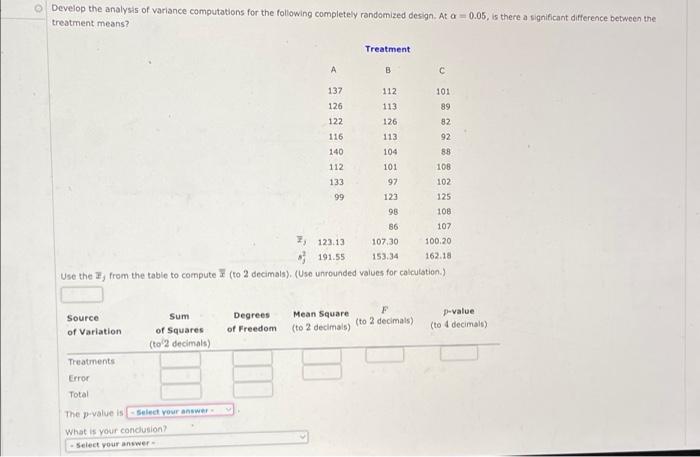 Solved Develop the analysis of variance computations for the | Chegg.com