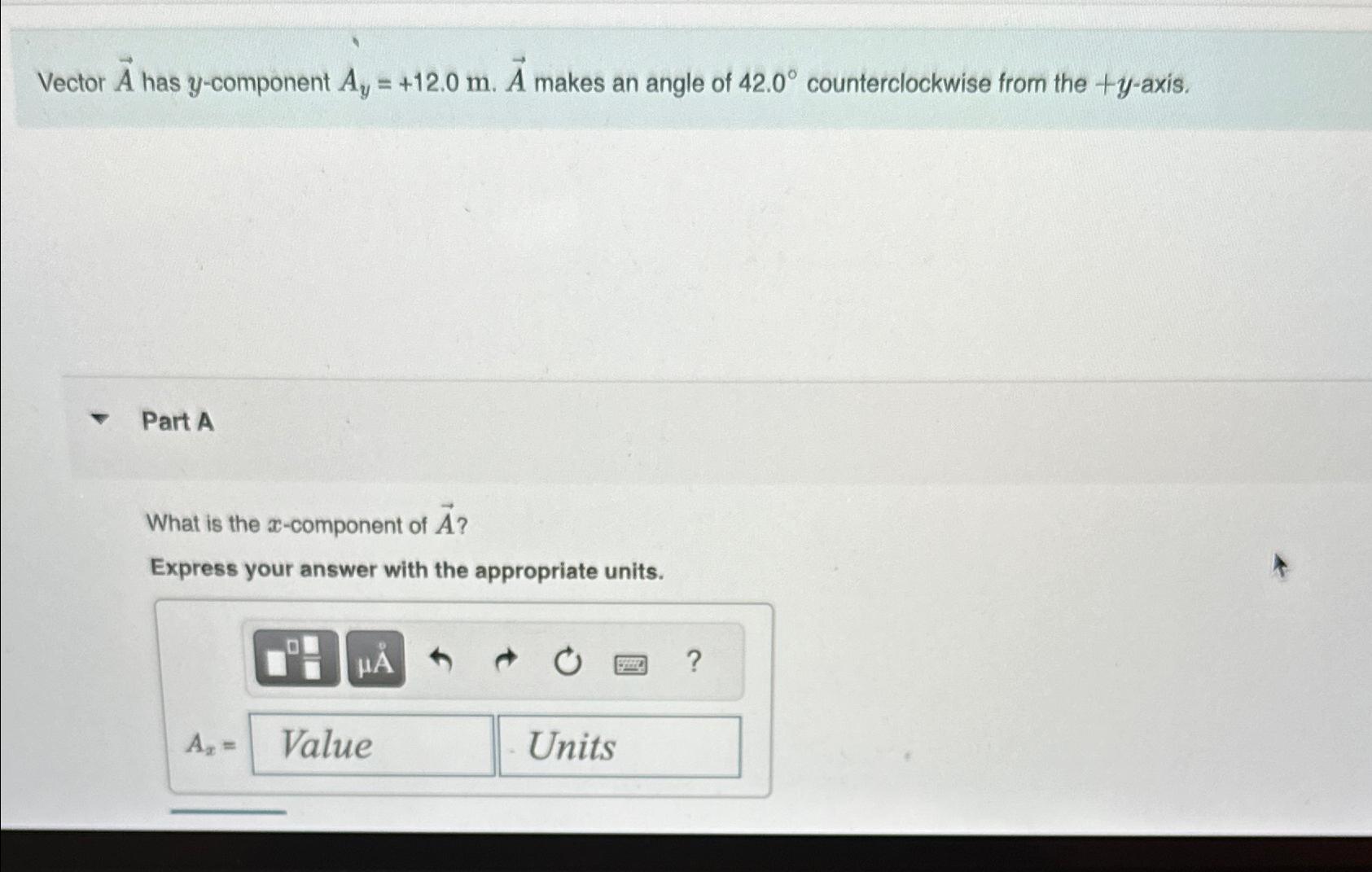 Solved Vector vec(A) ﻿has y-component Ay=+12.0m.vec(A) | Chegg.com
