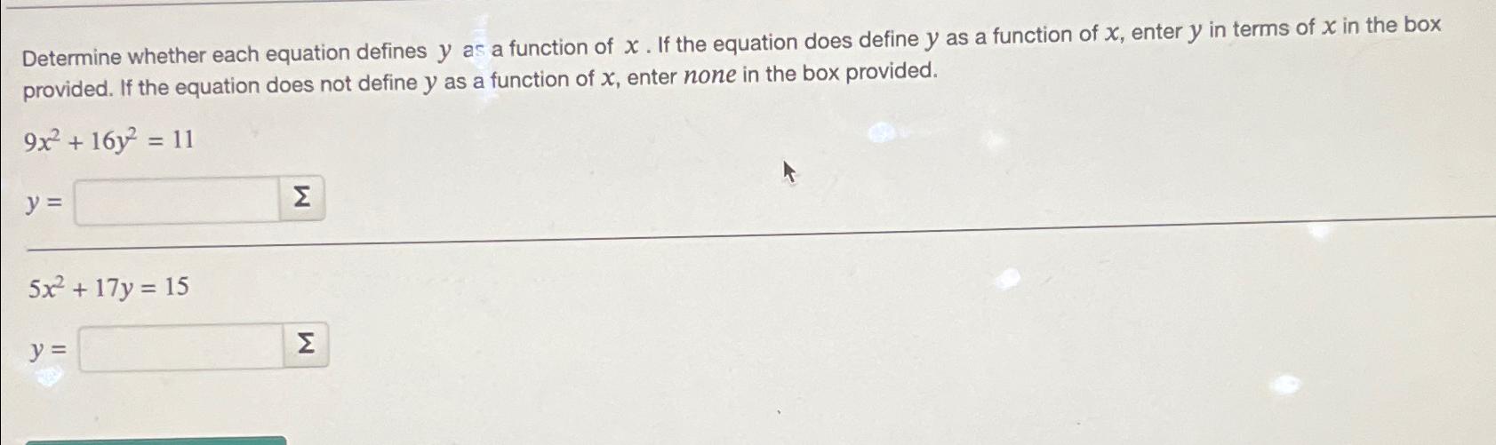 Solved Determine whether each equation defines y ﻿as a | Chegg.com