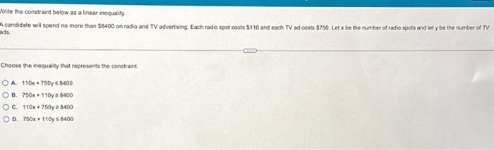 Solved Write the constraint below as a linear inequality. A | Chegg.com