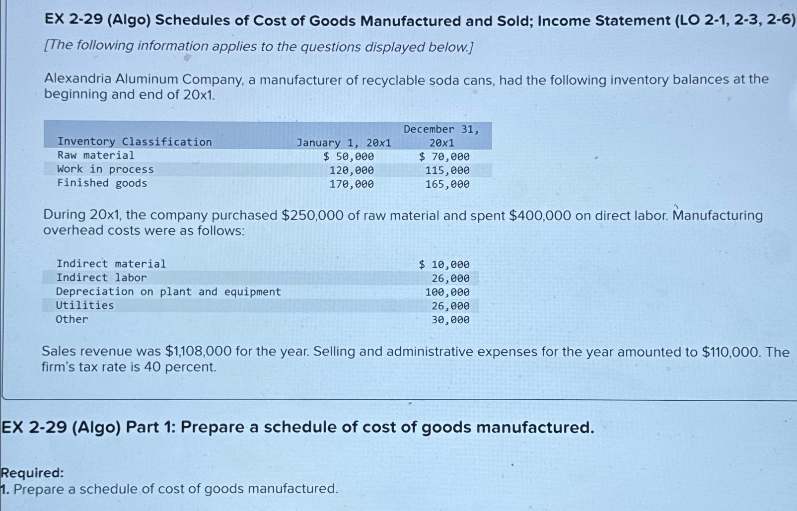 Solved EX 2-29 (Algo) ﻿Schedules of Cost of Goods | Chegg.com
