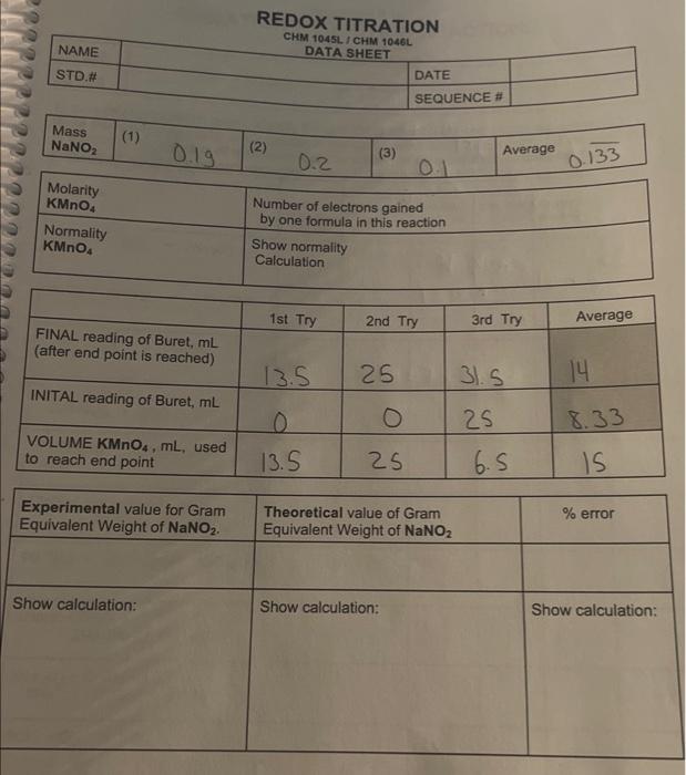 Solved REDOX TITRATION CHM 1045L, I CHM 1046L DATA SHEET | Chegg.com
