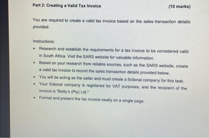 Solved Part 2: Creating a Valid Tax Invoice (10 marks) You | Chegg.com