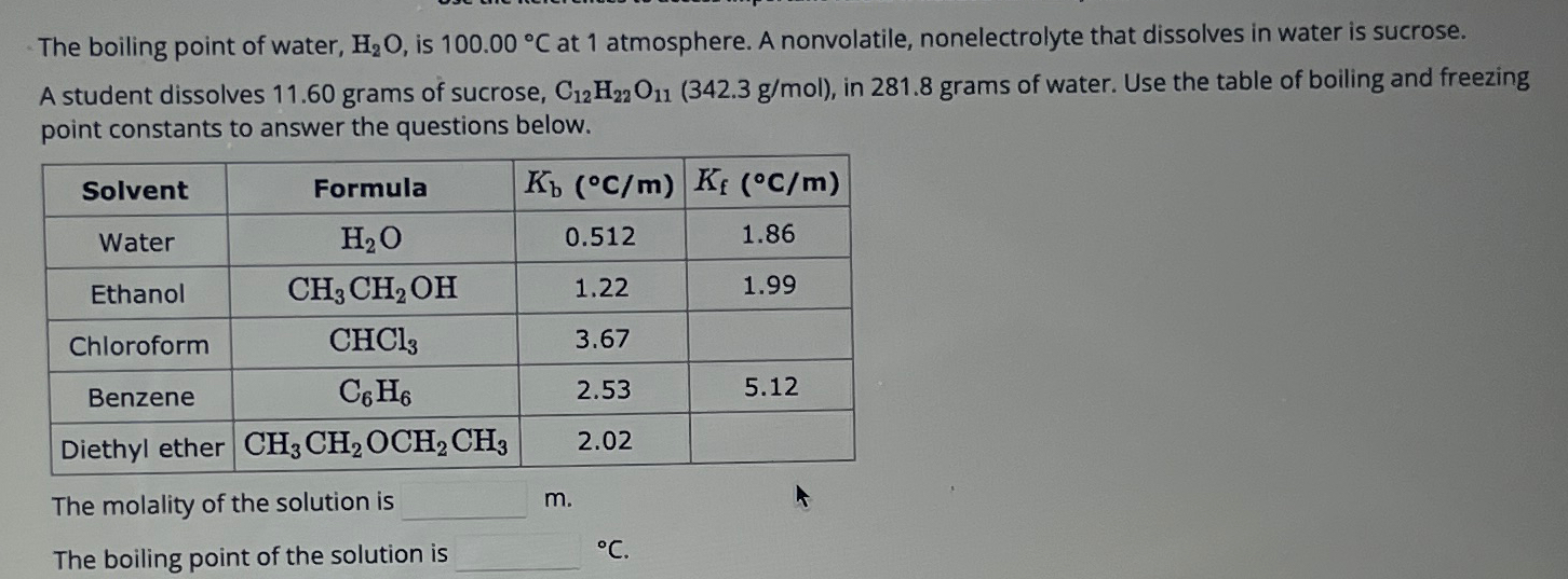 Solved The boiling point of water, H2O, ﻿is 100.00°C ﻿at 1 | Chegg.com