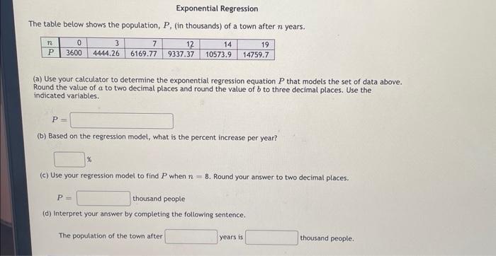 Solved Exponential Regression The table below shows the | Chegg.com