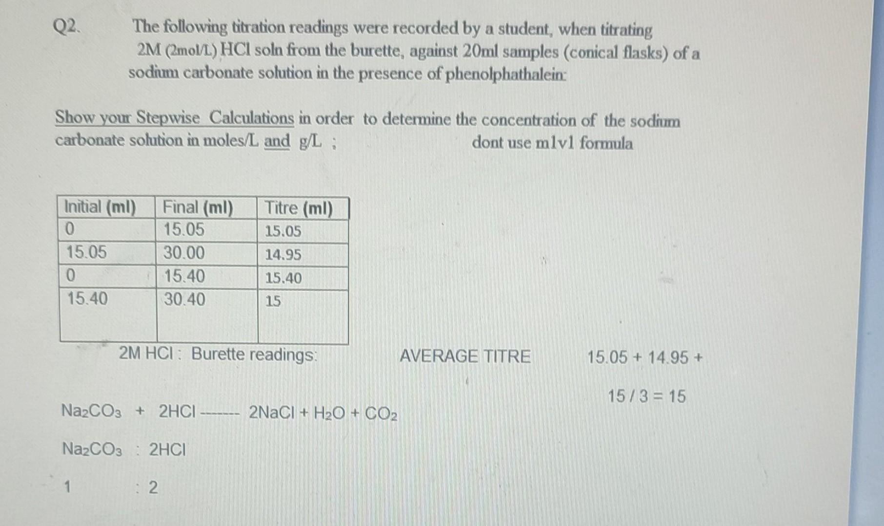 Solved Q2. The following titration readings were recorded by | Chegg.com
