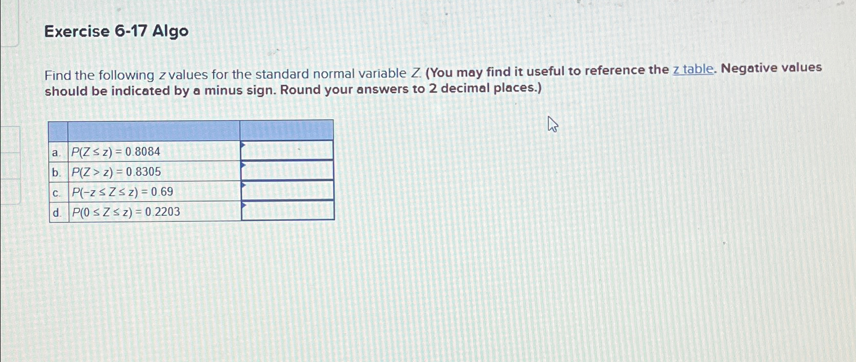 Solved Exercise 6-17 ﻿AlgoFind the following z ﻿values for | Chegg.com