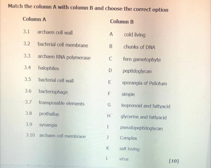 Solved Match the column A with column B and choose the | Chegg.com