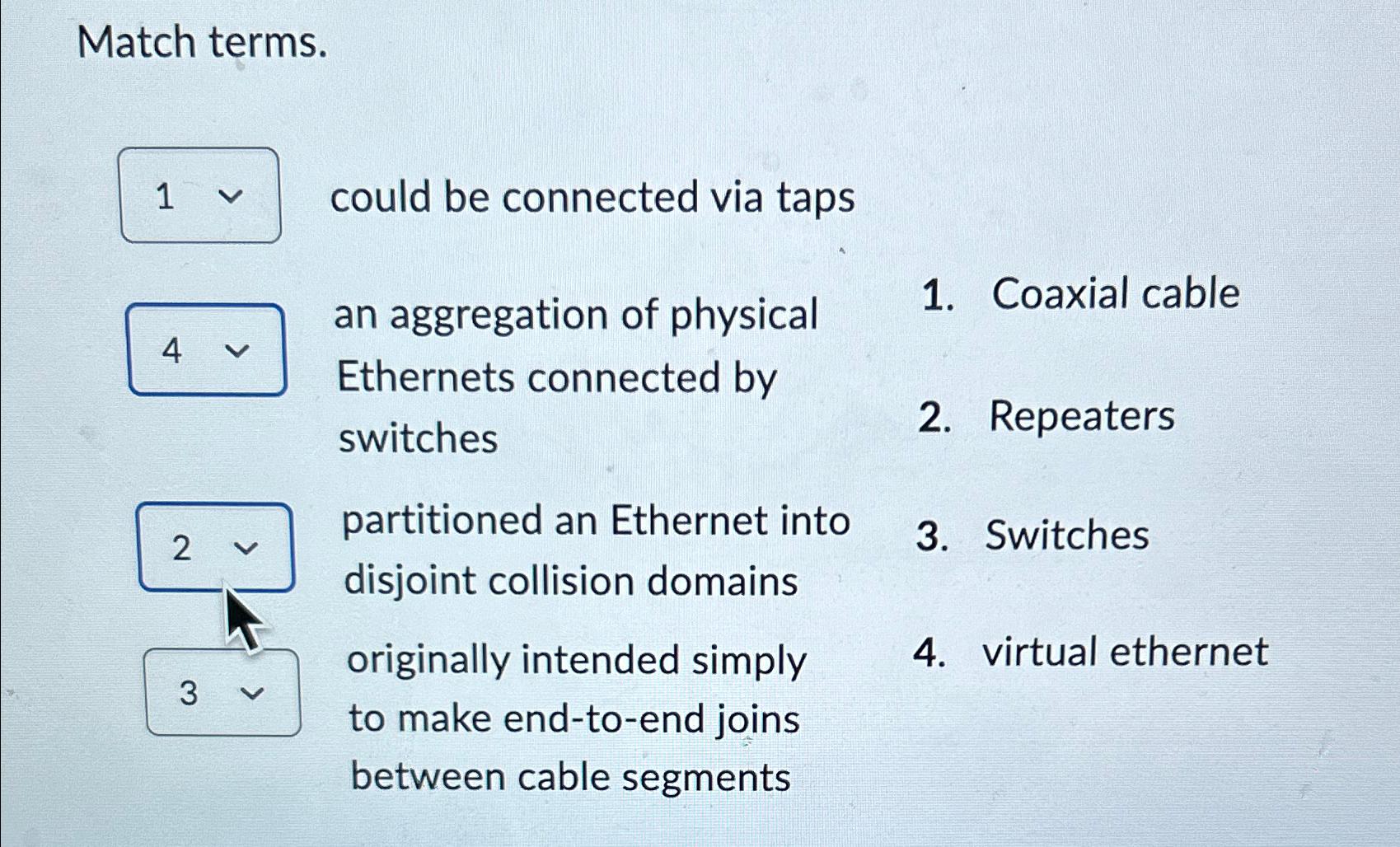 Solved Match terms.(A.coaxial cable B.Repeaters C.Switches | Chegg.com