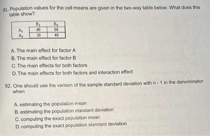 Solved 91. Population values for the cell means are given in | Chegg.com