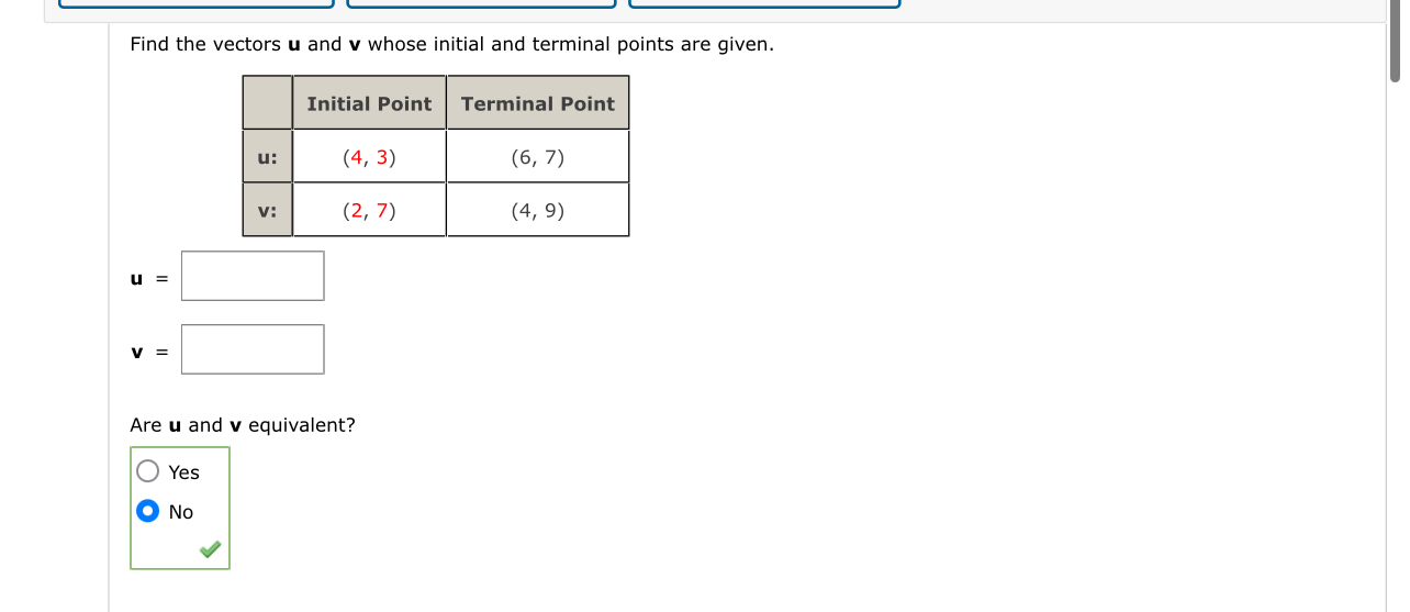 Solved Find the vectors u ﻿and v ﻿whose initial and terminal | Chegg.com