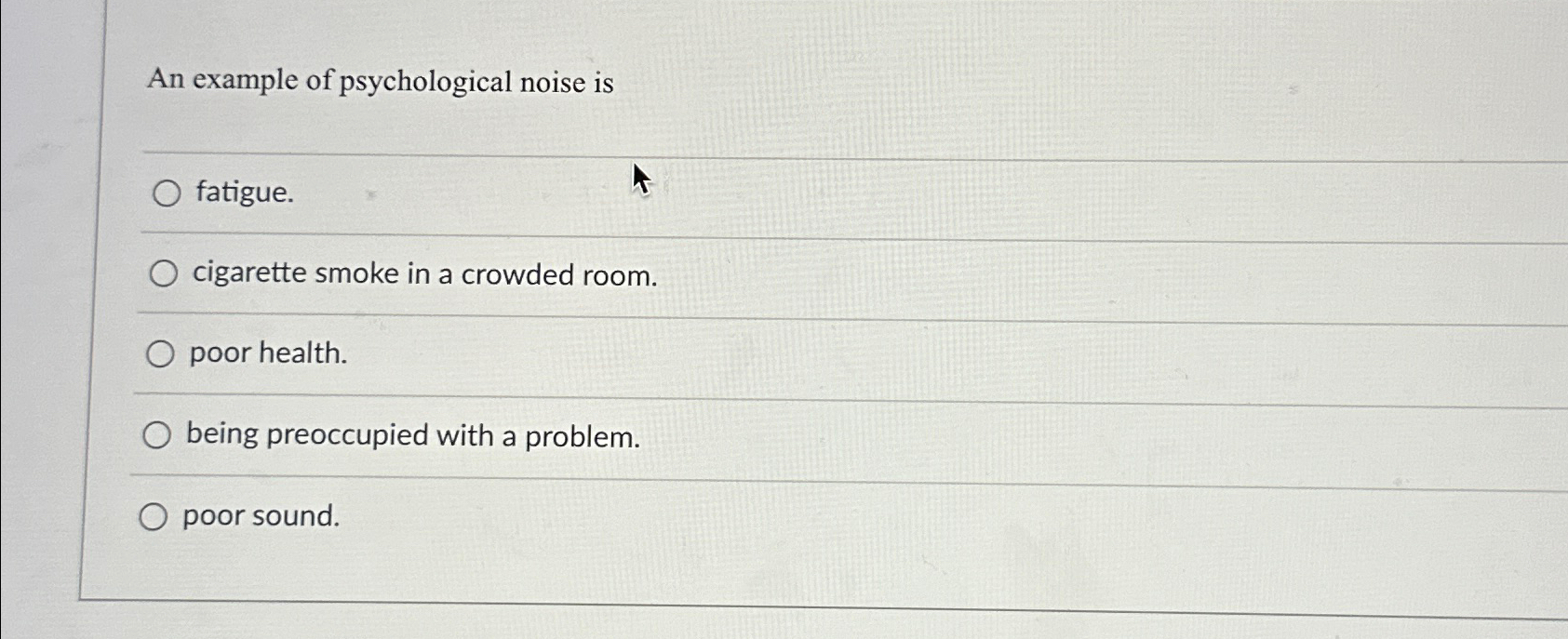 Solved An example of psychological noise isfatigue.cigarette | Chegg.com
