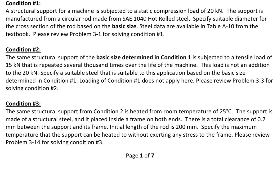 Solved Condition #1:A structural support for a machine is | Chegg.com