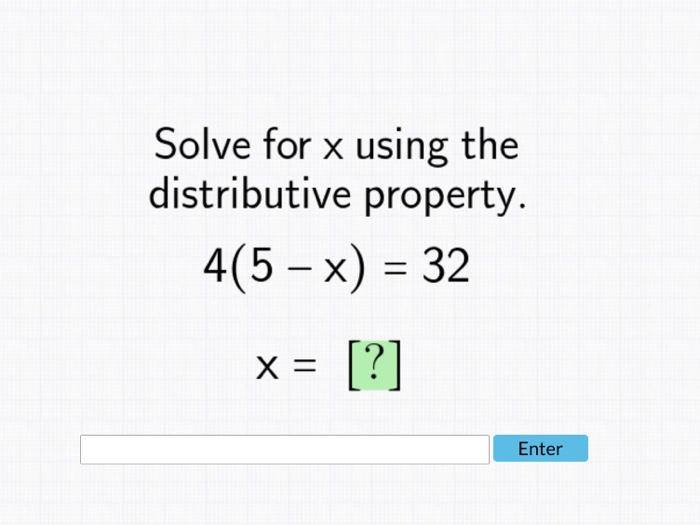 Solved Solve for x using the distributive property. 4(5 – x) | Chegg.com
