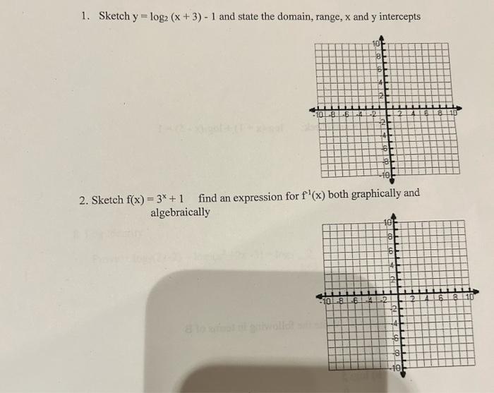 Solved 1. Sketch y=log2(x+3)−1 and state the domain, range, | Chegg.com