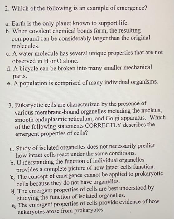 Solved 2. Which of the following is an example of emergence? | Chegg.com