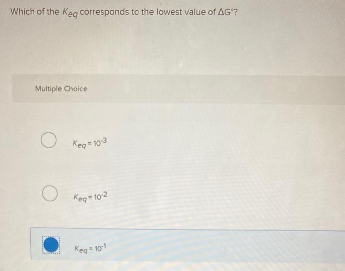 Solved Which of the Keq corresponds to the lowest value of | Chegg.com