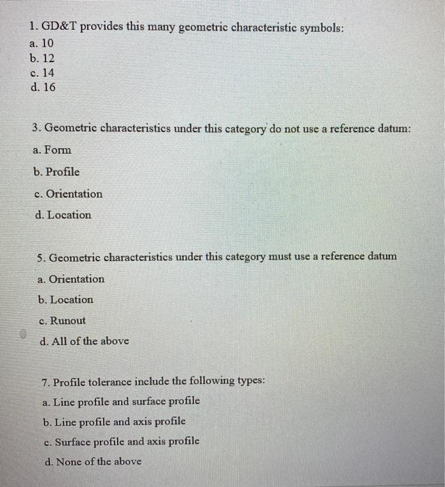 Solved 1. GD&T provides this many geometric characteristic | Chegg.com