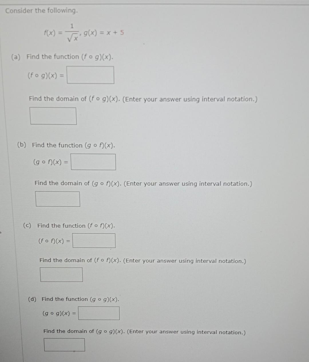 Solved Consider the following. f(x)=x1,g(x)=x+5 (a) Find the | Chegg.com
