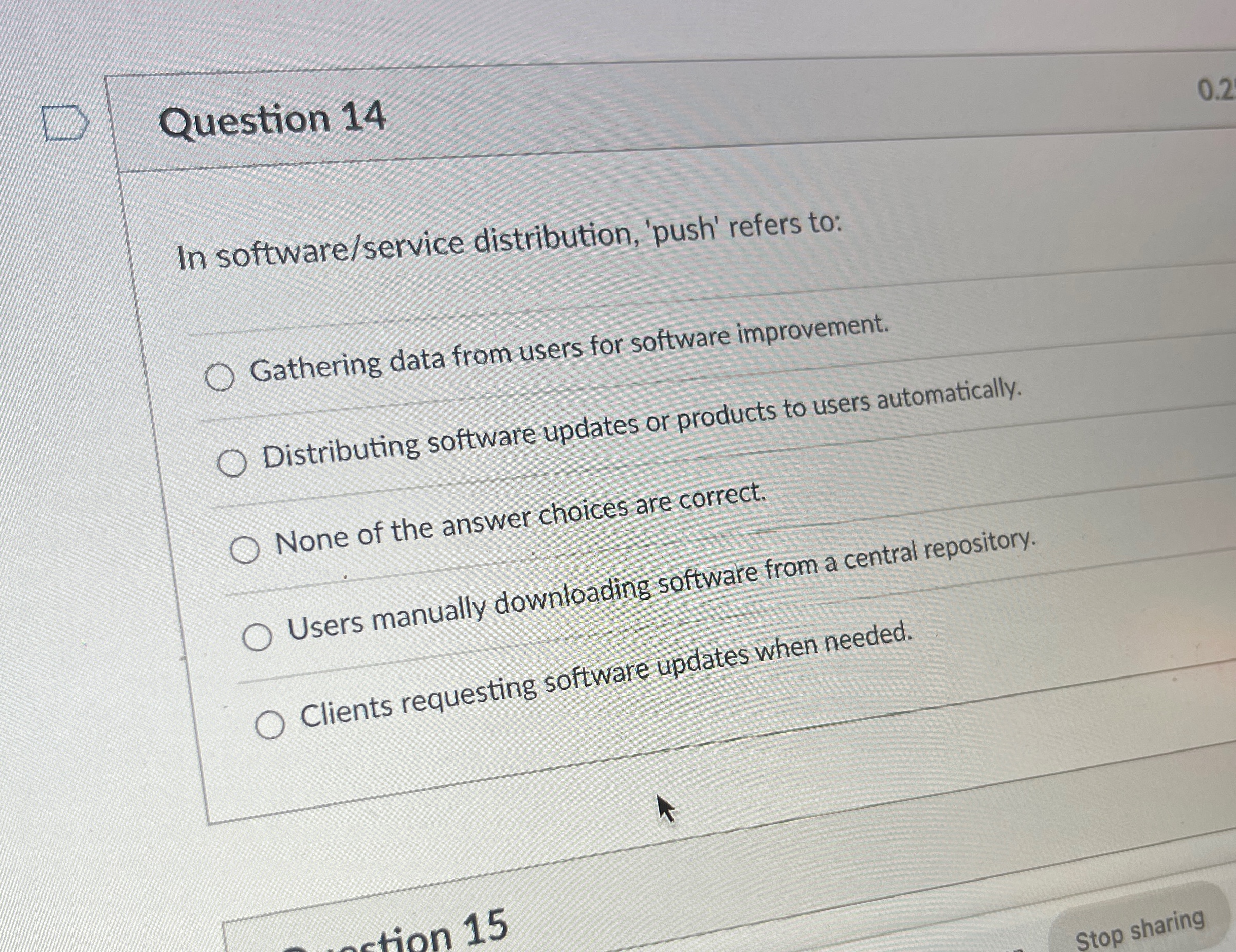 Solved Question 14In software/service distribution, 'push' | Chegg.com