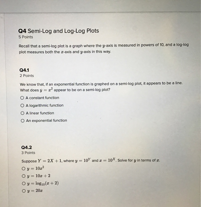 Solved Q4 Semi-Log and Log-Log Plots 5 Points Recall that a | Chegg.com