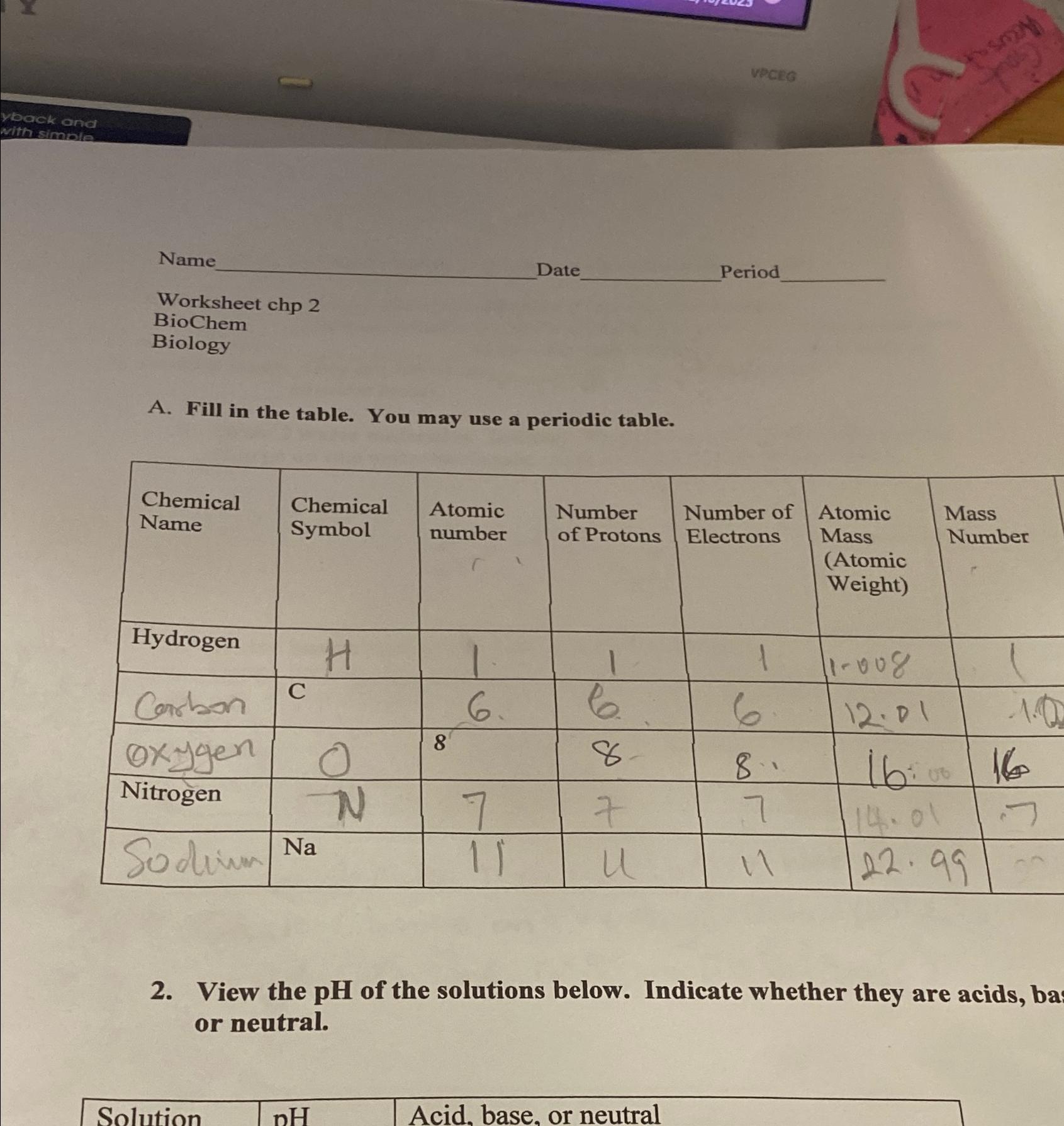 Solved NameDateWorksheet chp 2PeriodBioChemBiologyA. ﻿Fill | Chegg.com