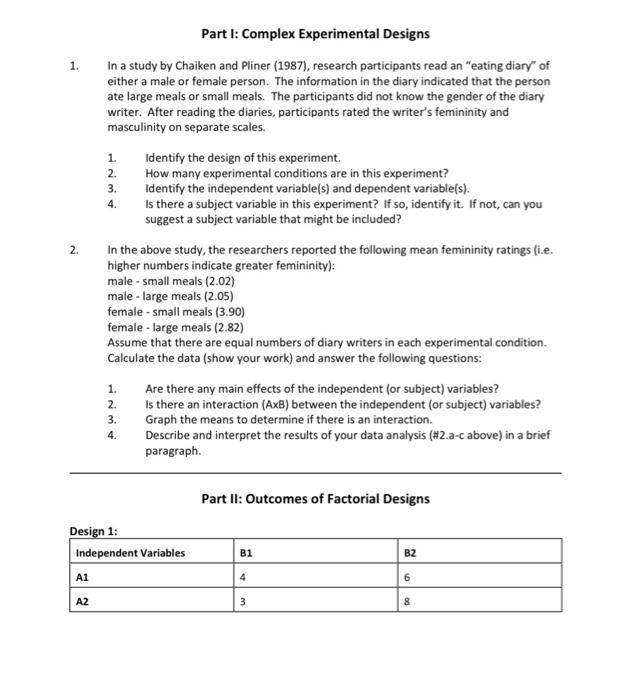 Solved 1. 2. 4. 2. Part I: Complex Experimental Designs In a | Chegg.com