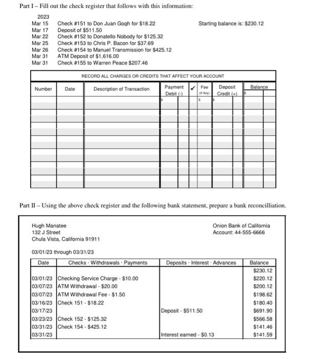 Solved Part II - Using the above check register and the | Chegg.com