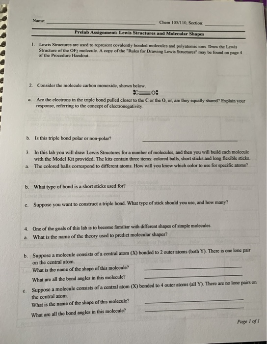 Name Chem 105/110, Section: Prelab Assignment: Lewis | Chegg.com