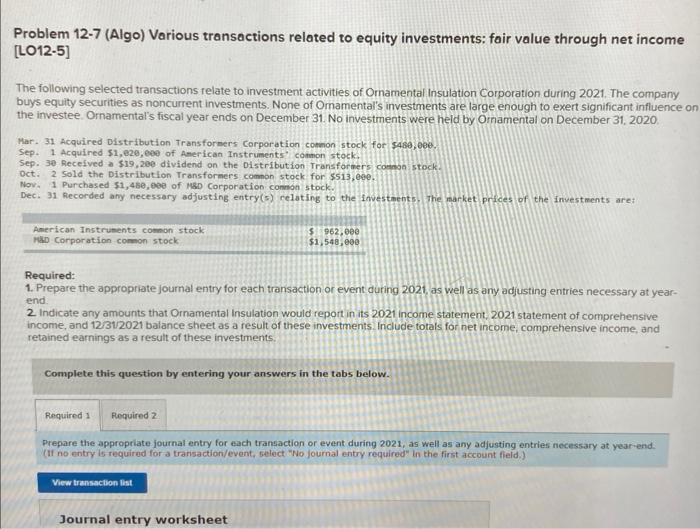 Solved Problem 12-7 (Algo) Various transactions related to | Chegg.com