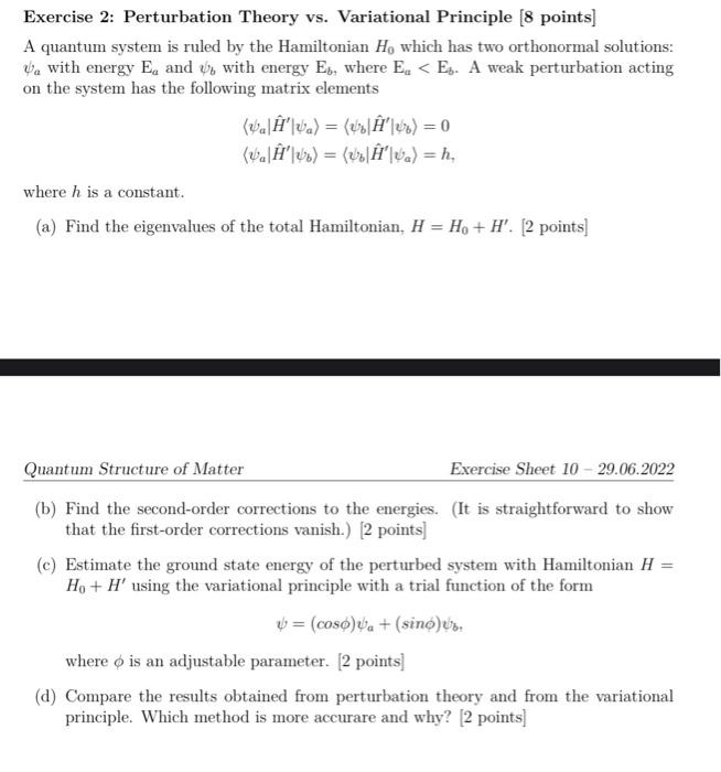 Solved Exercise 2: Perturbation Theory vs. Variational | Chegg.com