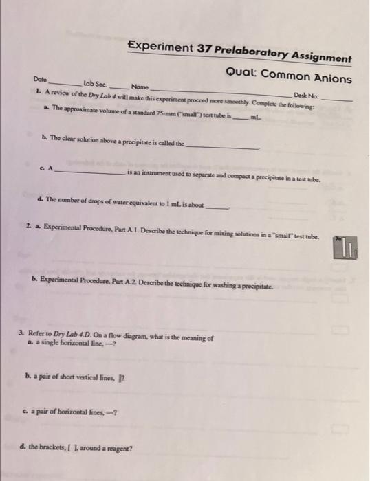Experiment 37 Prelaboratory Assignment Qual: Common | Chegg.com