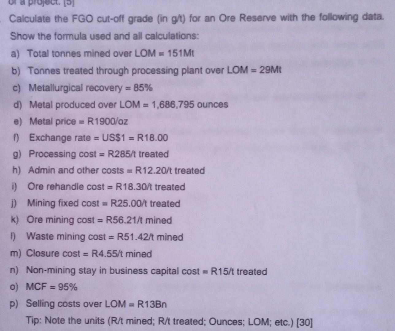 Solved Calculate the FGO cut-off grade (in \\( g / t) \\) | Chegg.com