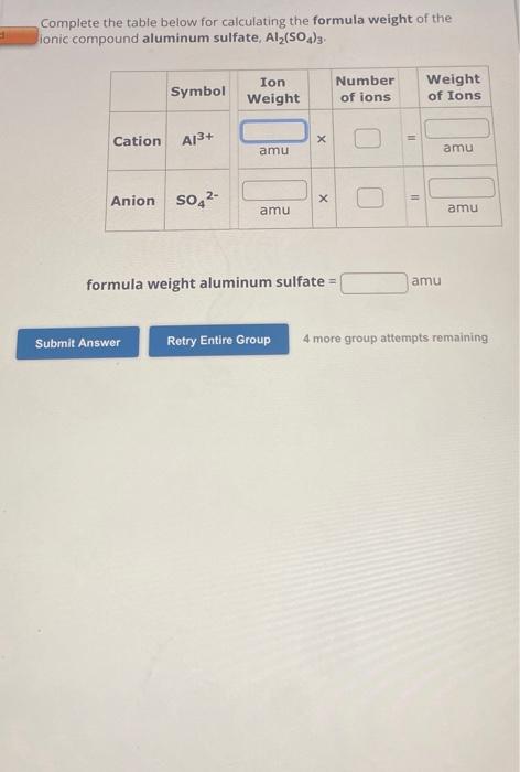 Solved Complete the table below for calculating the formula | Chegg.com