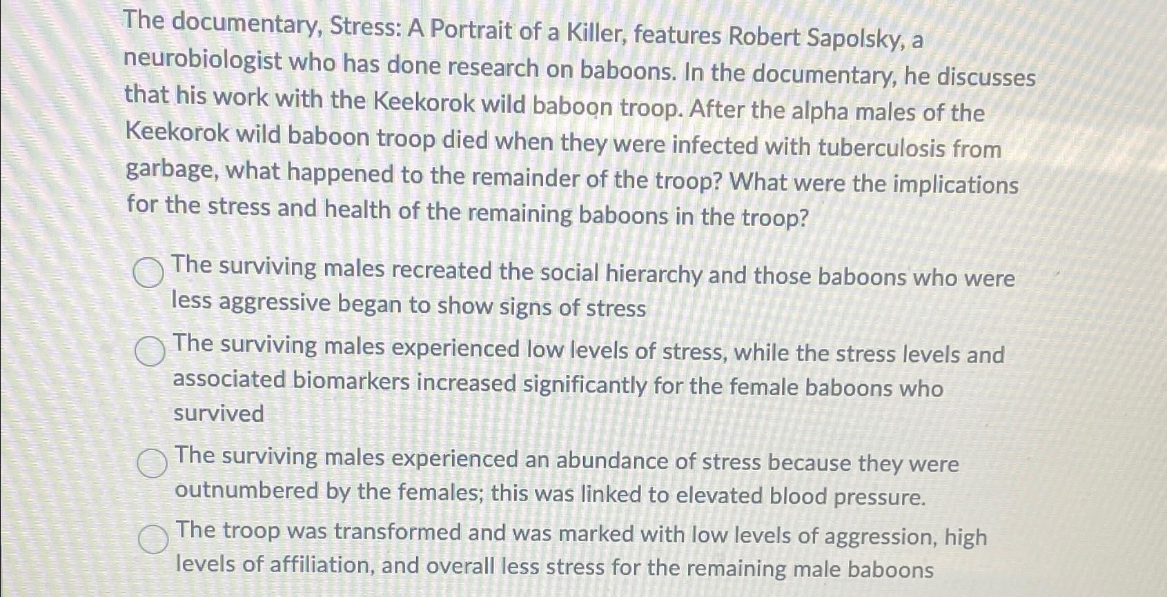 Solved The documentary, Stress: A Portrait of a Killer, | Chegg.com