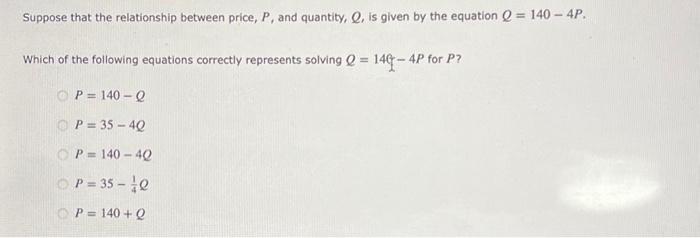 Solved Suppose that the relationship between price, P, and | Chegg.com
